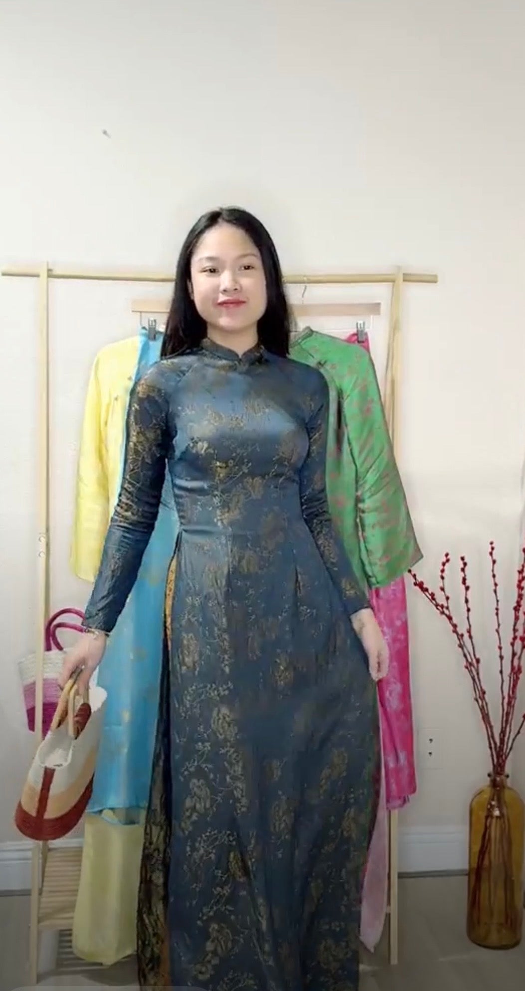 A25 - Set Áo Dài Tơ Tencel Ánh Nhũ Navy Blue/Brown (kèm quần) – Viet Huong Collection USA