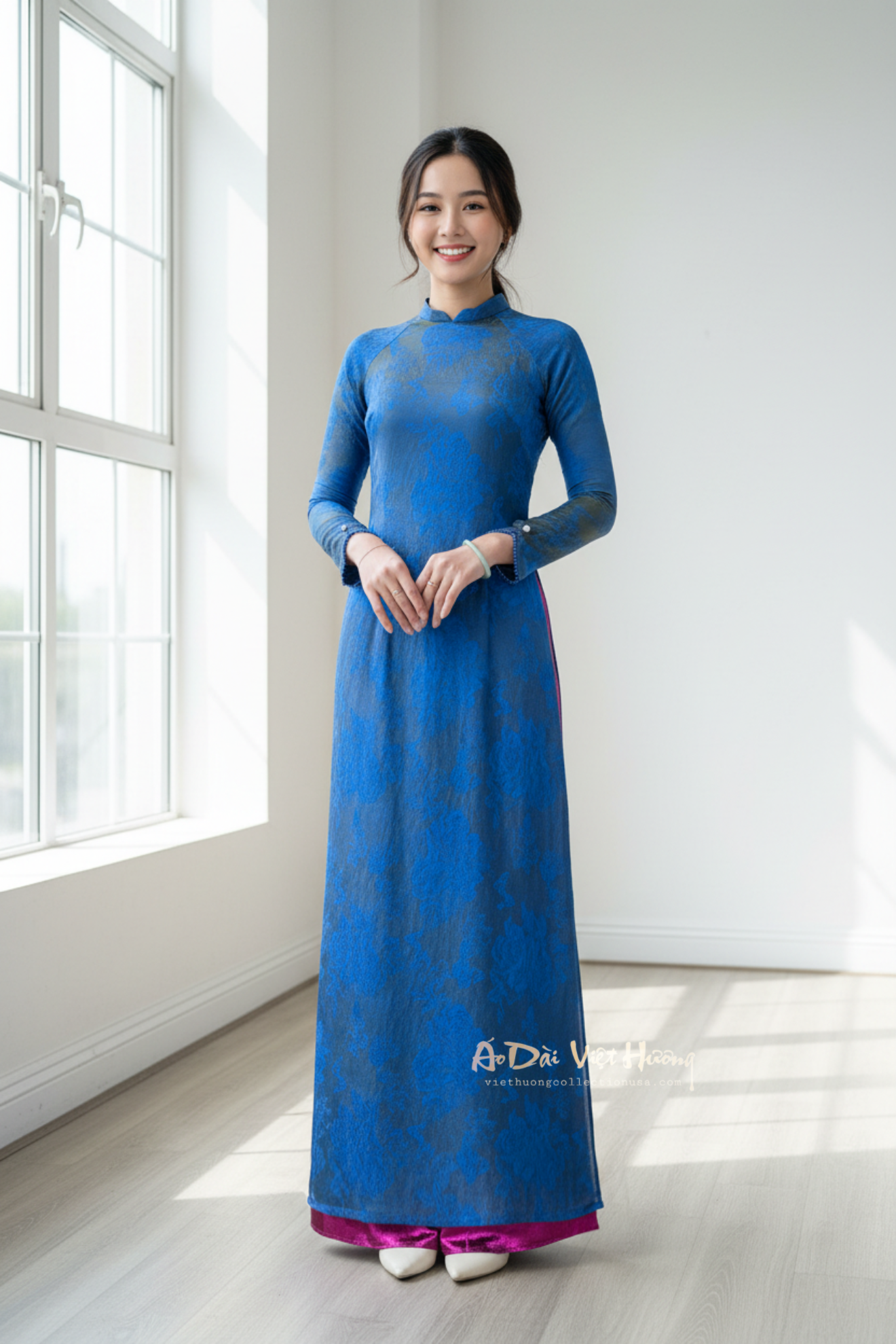 A50 - Áo Dài Tencel Blue Gold kết tay – Viet Huong Collection USA