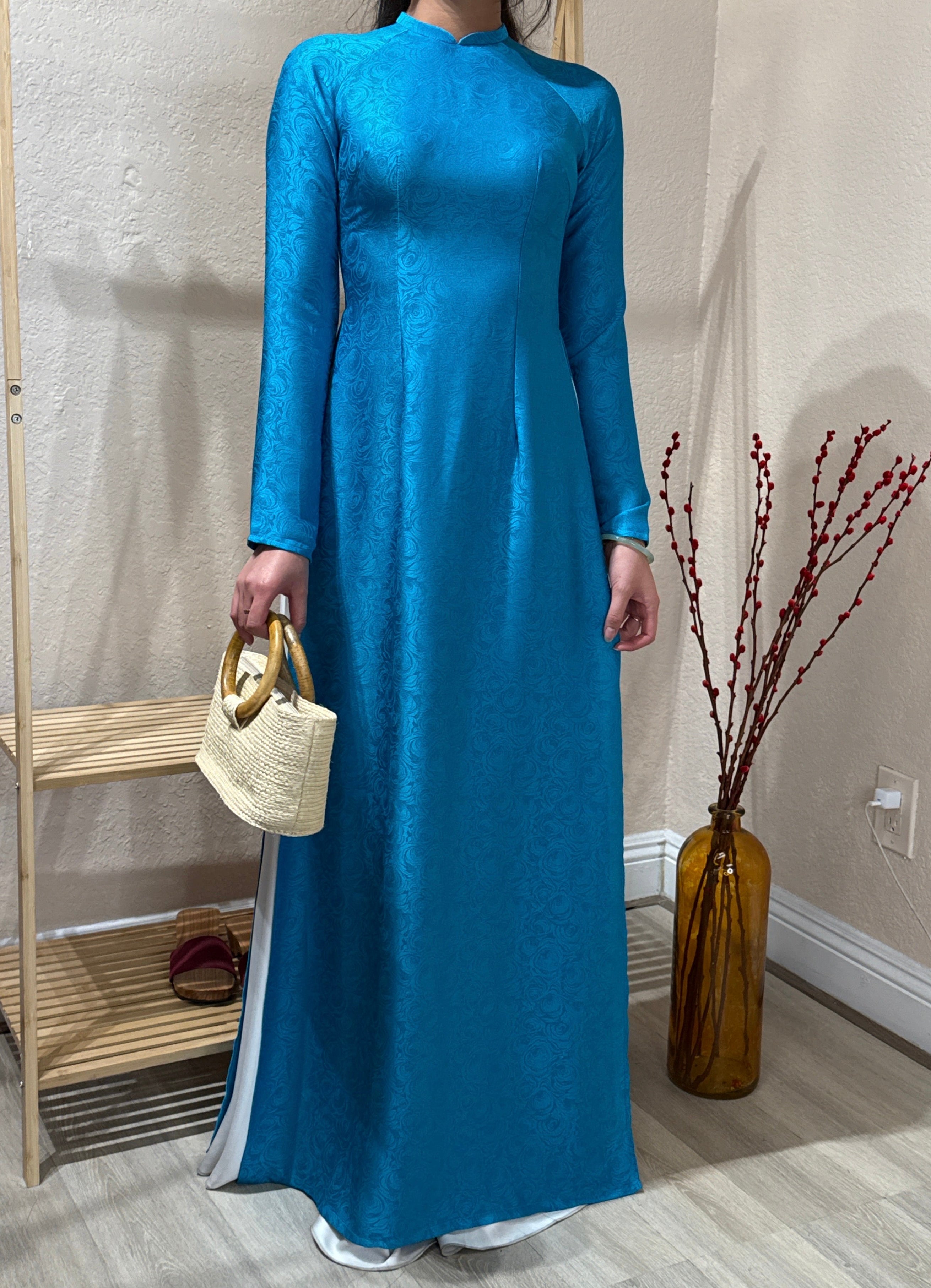 A14 - Áo Dài Ánh Kim Thái Tuấn 4 Tà Blue – Viet Huong Collection USA